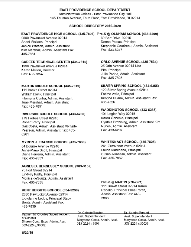 2019-2020 school directory – East Providence School District